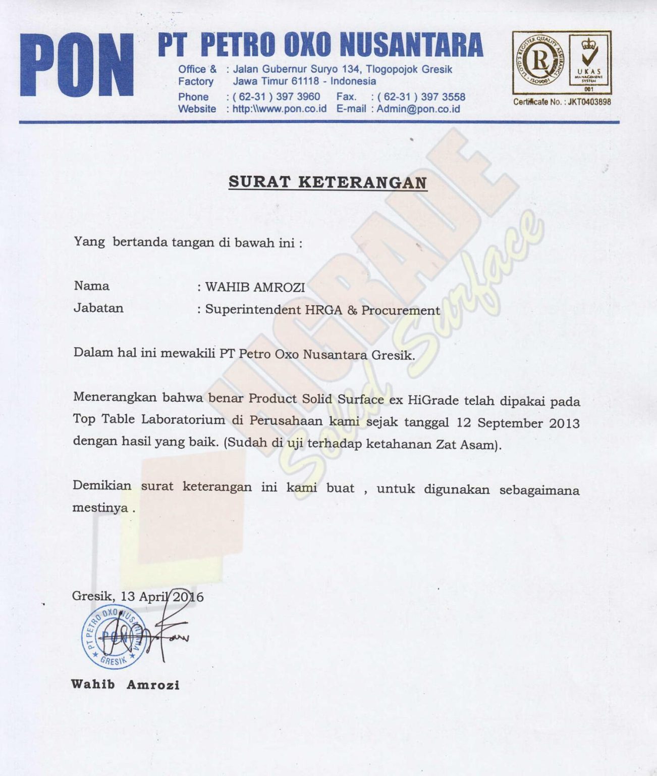 Sertifikasi – Higrade Solid Surface